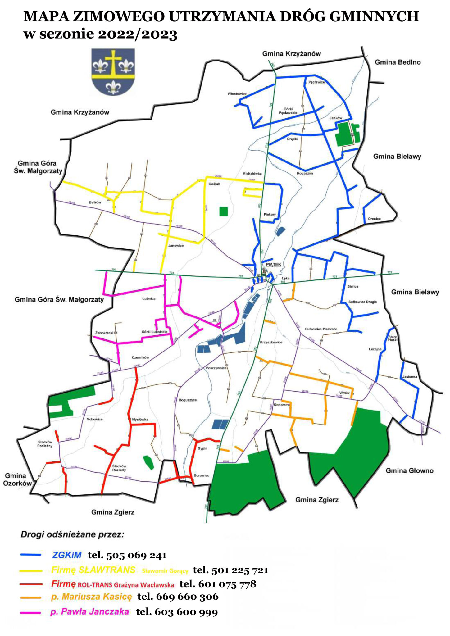 Mapa zimowego utrzymania dróg gminnych w sezonie 2022/2023 – Gmina Piątek